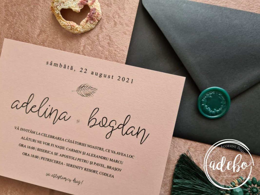 Invitatie nunta Minimal Leaf, Invitatii nunta pe carton roz pudra si ...