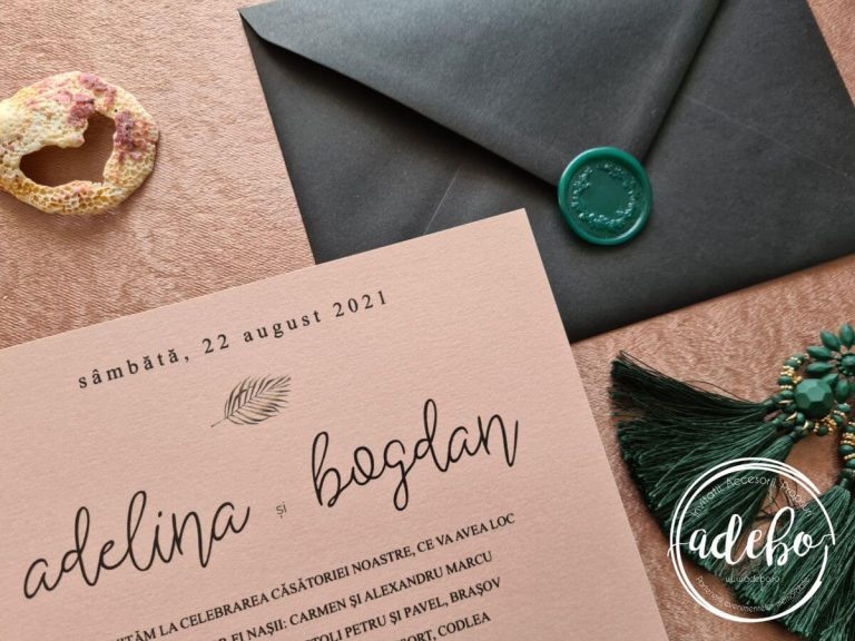 Invitatie nunta Minimal Leaf, Invitatii nunta pe carton roz pudra si ...