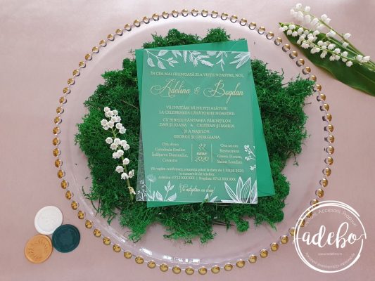 Invitatii nunta plexiglas - White and Gold, Invitatii acrilice transparente