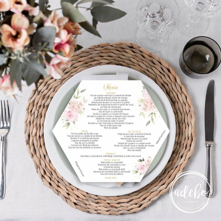 Meniu nunta - Pink Roses, Meniu de farfurie, Papetarie nunta, Plic de dar