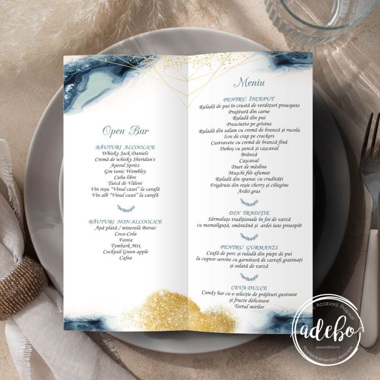 Meniu - navy blue and gold, Meniuri nunta, Meniu nunta personalizat