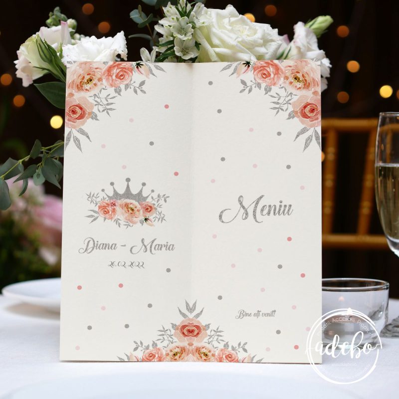 Meniu botez - model floral, Design meniu botez, Grafica meniu botez