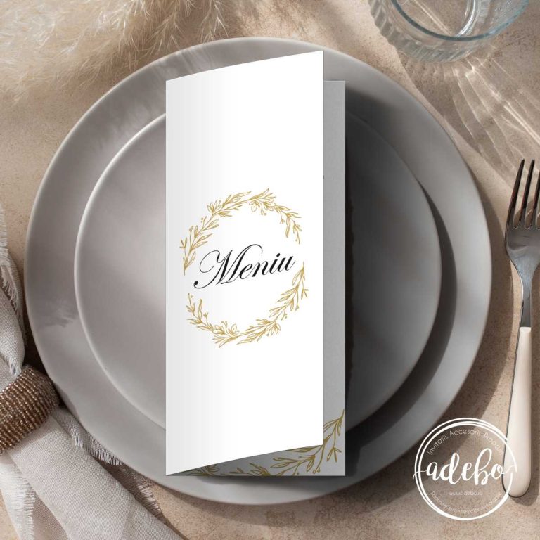 Meniu nunta - Monograma, Design meniu nunta, Nunta minimalista gold