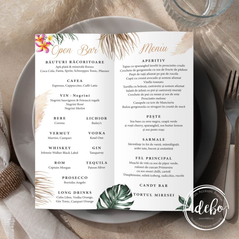 Meniu nunta - Exotic, Meniu nunta pampas, Meniu nunta greenery