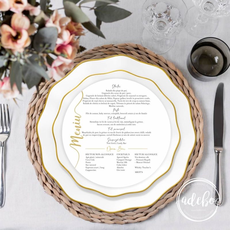 Meniu nunta rotund - Elegant, Meniu individual, Meniu cerc, Design meniu