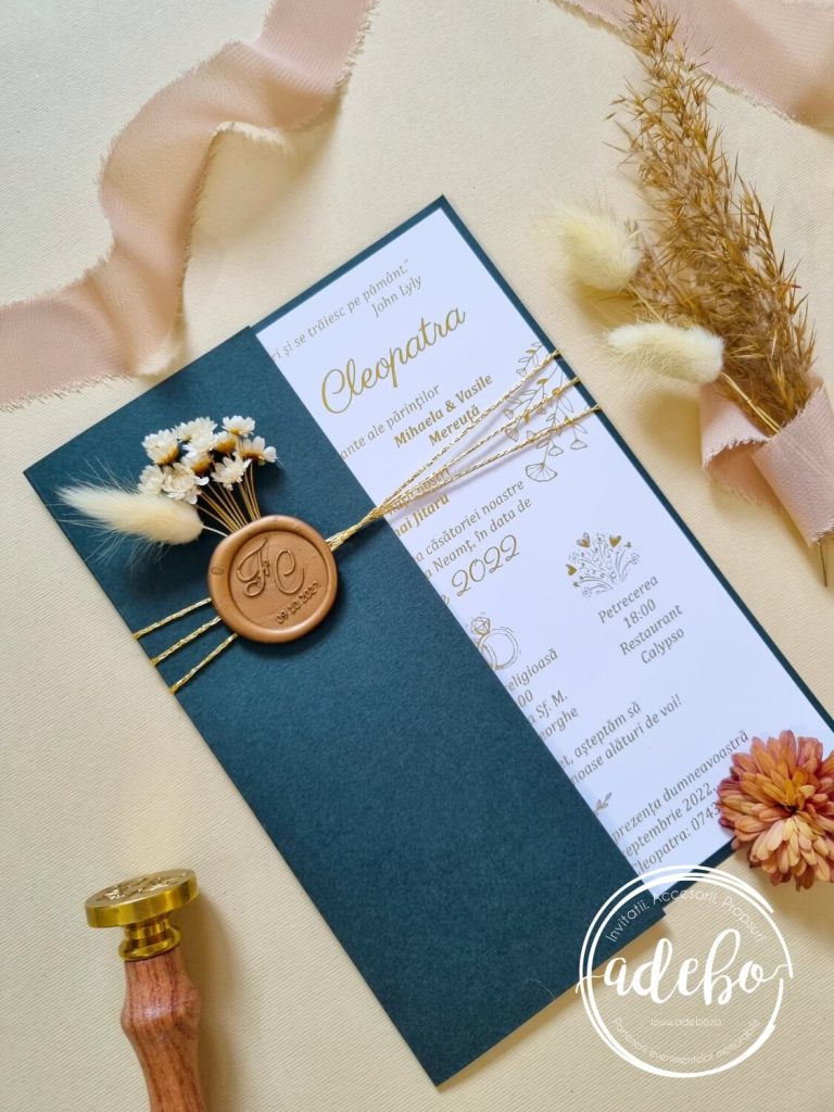 Invitatie nunta Cleopatra, Invitatii folio gold, Invitatii nunta verde ...