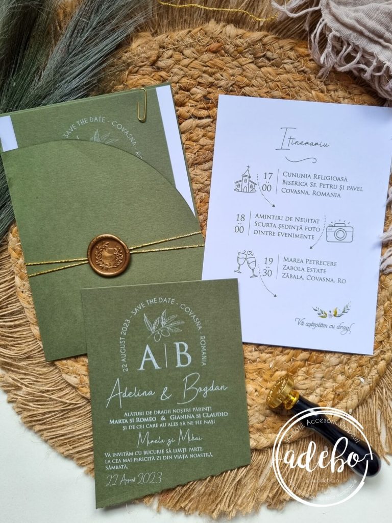 Invitatie nunta Olive & White, Invitatii greenery, Invitatii verde olive
