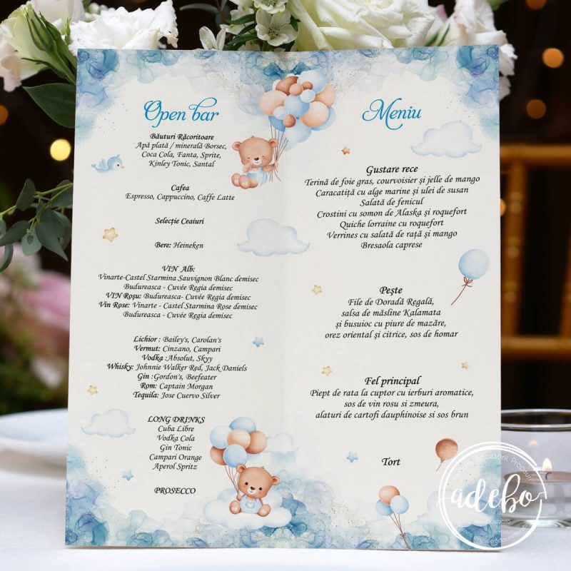 Meniu botez - Ursulet si trandafiri, Meniu botez personalizat